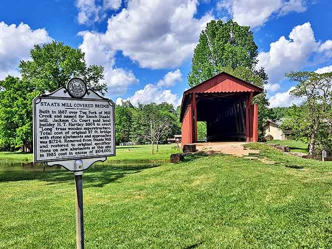 The Staats Mill Covered Bridge stands as a crimson reminder of simpler times. This historic treasure offers both passage across water and a journey back through time.