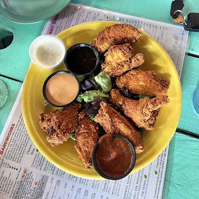 Golden fried chicken with dipping sauces, because even hobbits need their comfort food fix done right.
