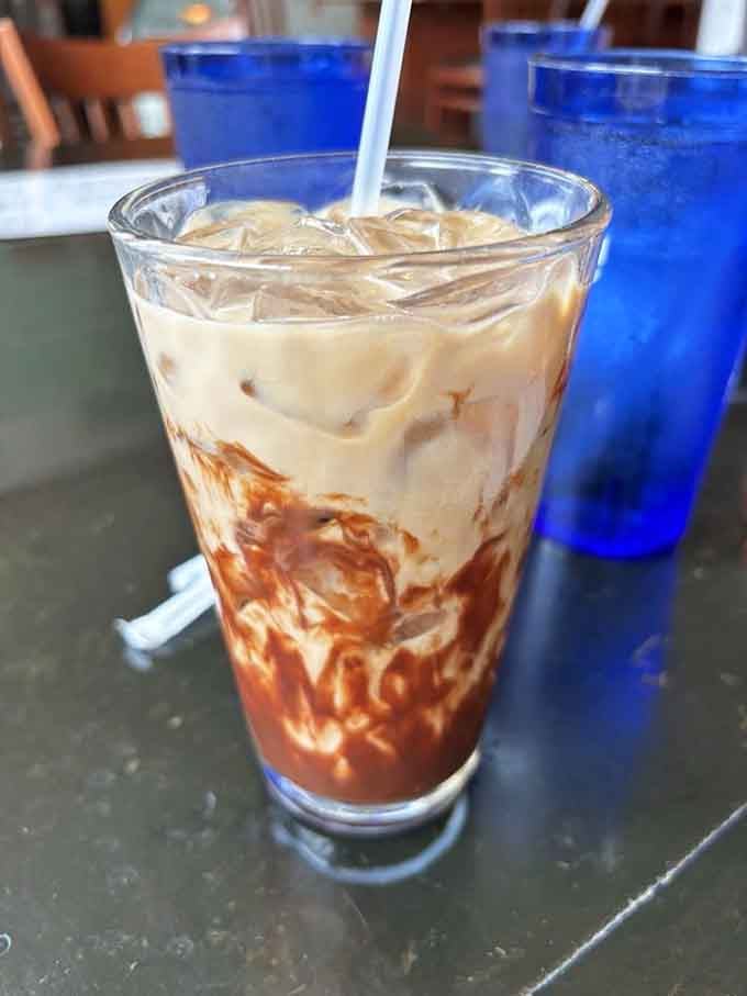 This iced mocha swirl is basically art in a glass, and drinking it counts as visiting a museum, probably.