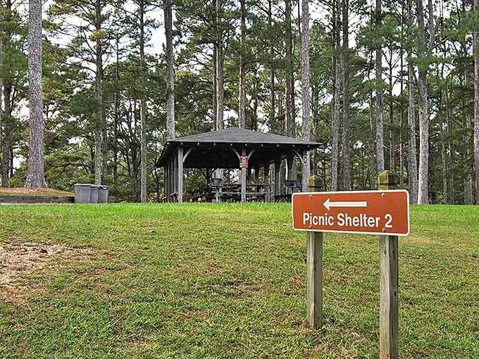 Picnic Shelter 2 stands ready for your family reunion, complete with grills for serious barbecue business.