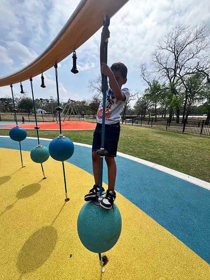 Suspended swings and climbing challenges test balance and bravery, turning ordinary kids into playground daredevils in minutes flat.