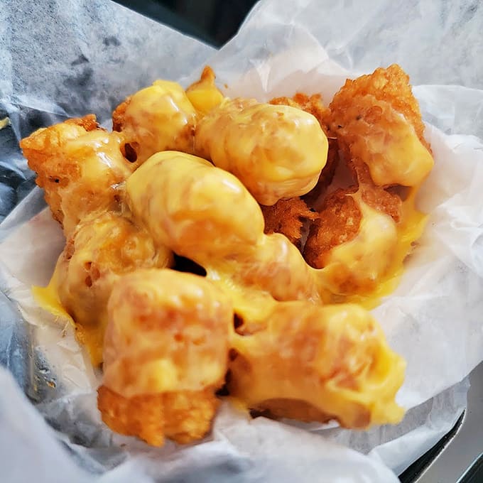 Tater tots drowning in melted cheese, proving that some of life's best decisions involve excessive dairy products.