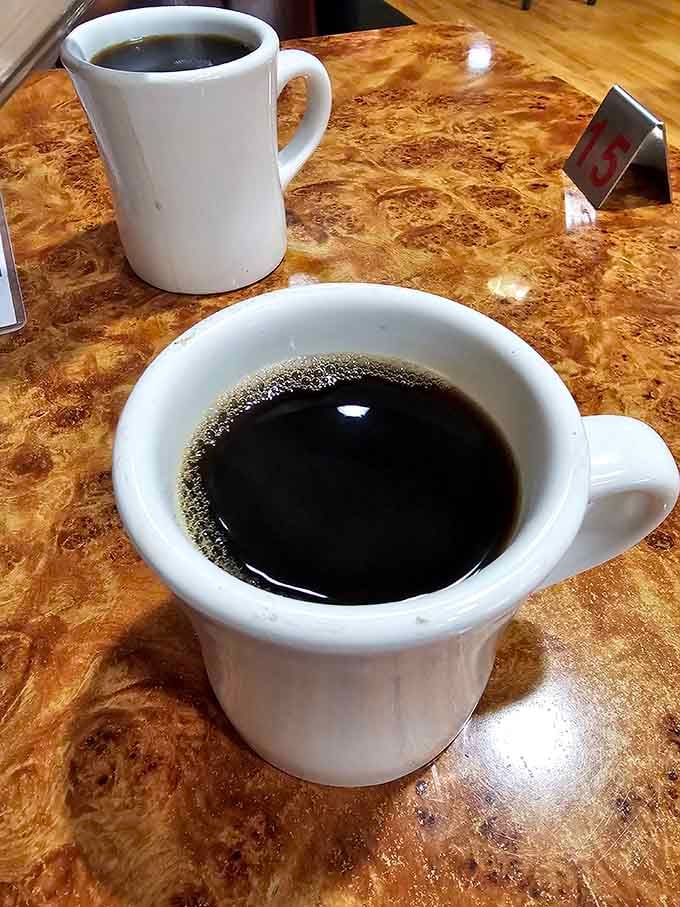 Brazilian dark roast coffee in classic diner mugs, ready to jumpstart your morning the old-fashioned way.