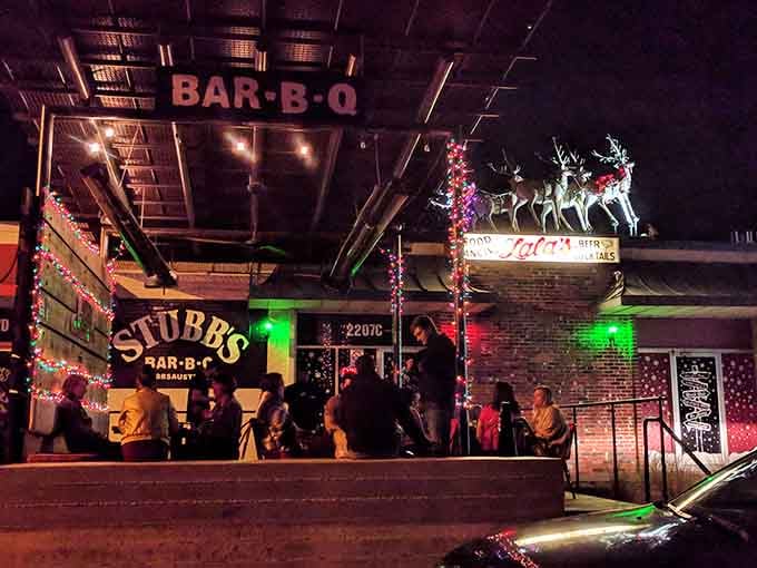 Stubb's BBQ next door means this whole block smells like heaven wrapped in Christmas lights.