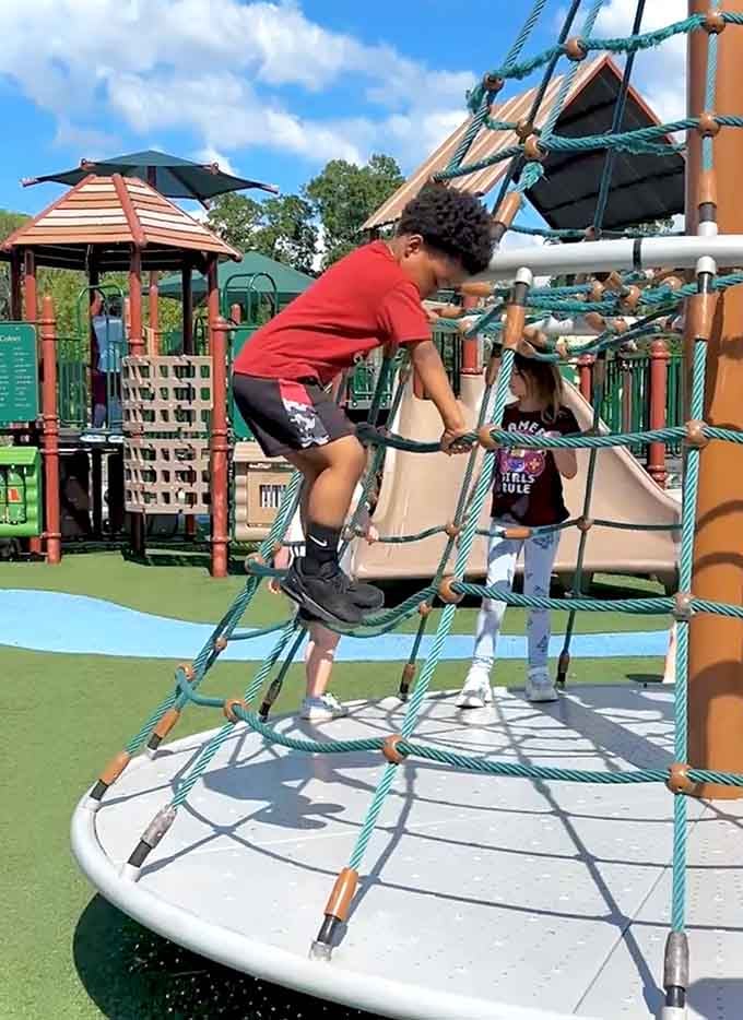 Climbing nets challenge coordination and courage, transforming kids into tiny mountaineers conquering their own personal Everest before snack time.