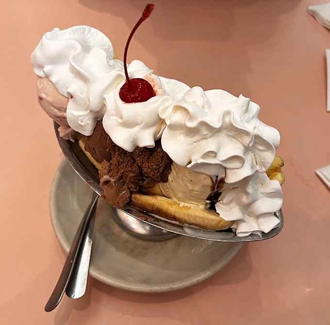 The banana split arrives as a glorious monument to excess, reminding you that sometimes more really is more.