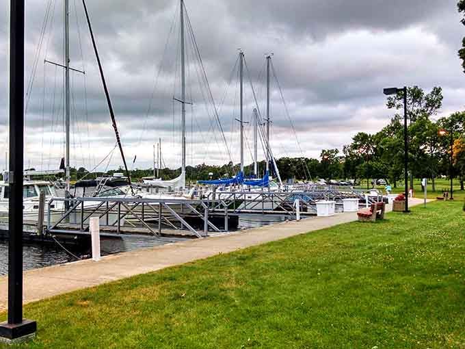 The marina's gentle forest of masts sways with Lake Michigan's rhythm, a nautical neighborhood where boats worth more than your house gather to gossip.