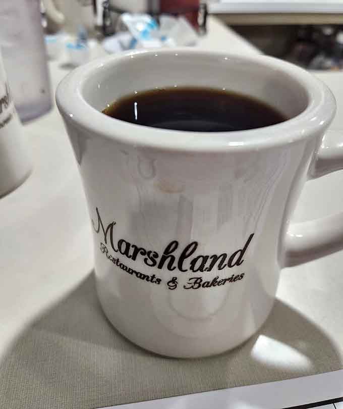 Coffee served in a mug with the restaurant's name means they're confident you'll remember where you had the best breakfast ever.