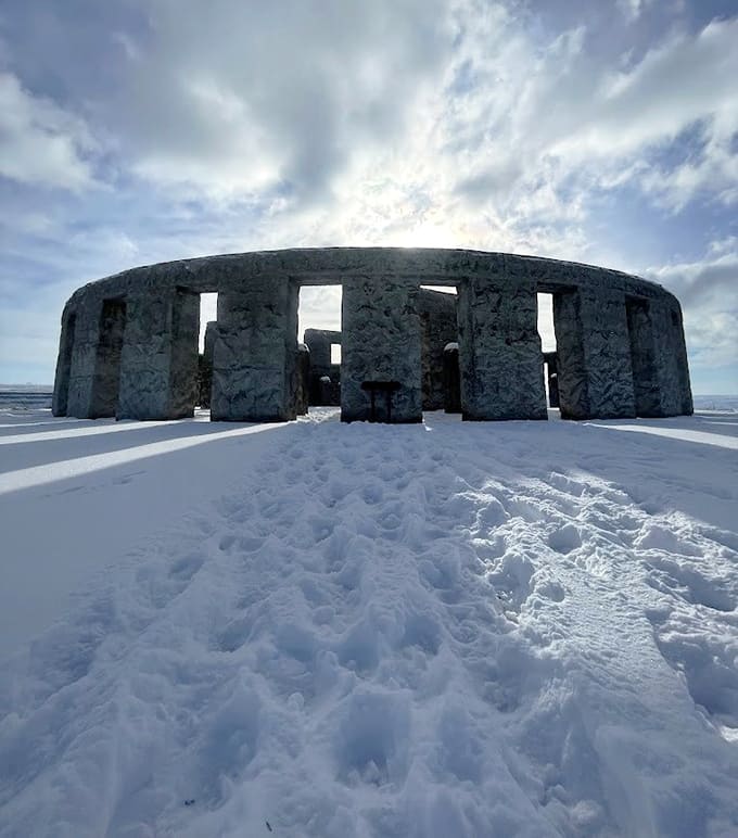 Winter transforms the memorial into a scene from a fantasy epic, snow-dusted and utterly magical.