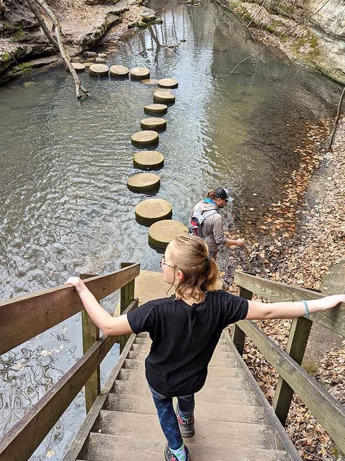 Round stepping stones turn a simple stream crossing into an Indiana Jones moment without the rolling boulder.