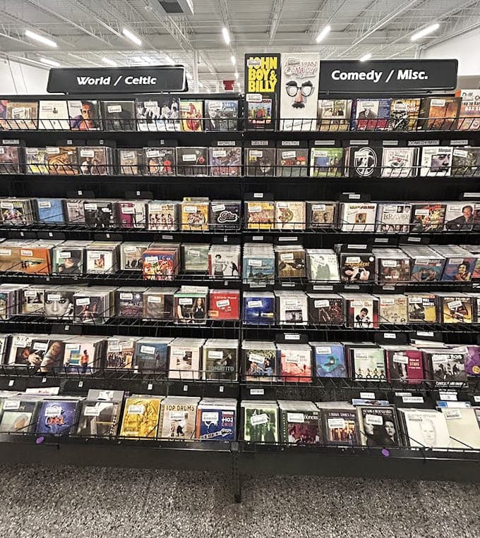 The CD collection spans decades and genres, proving physical music formats are alive, well, and thriving beautifully.