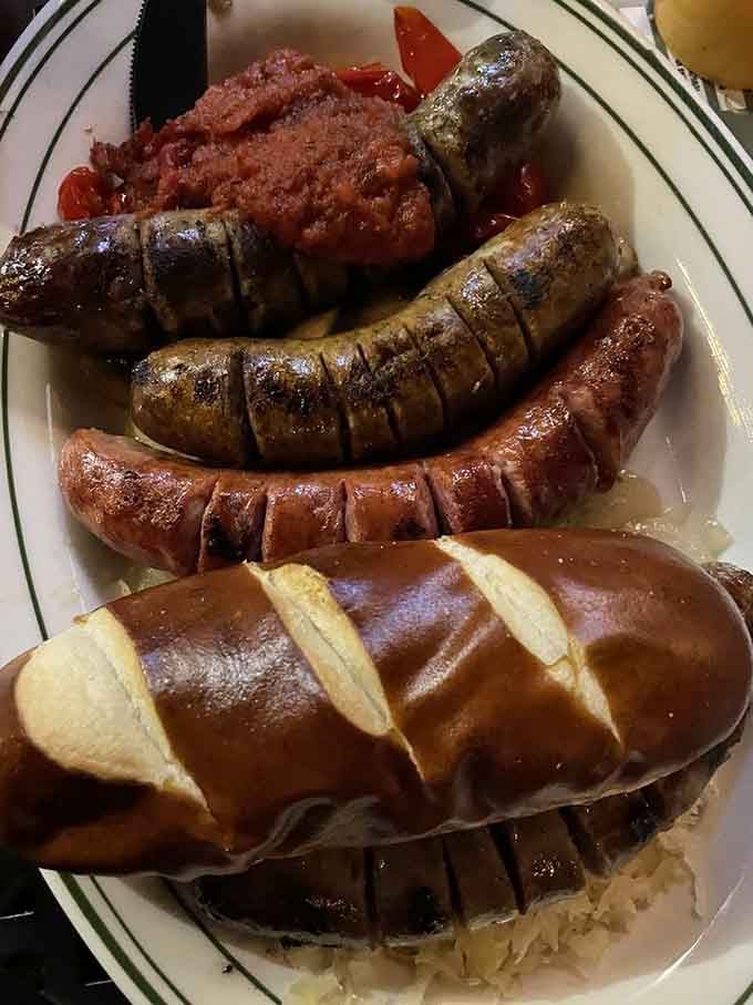 When you can't decide on just one sausage, this sampler plate becomes your delicious solution to life's problems.