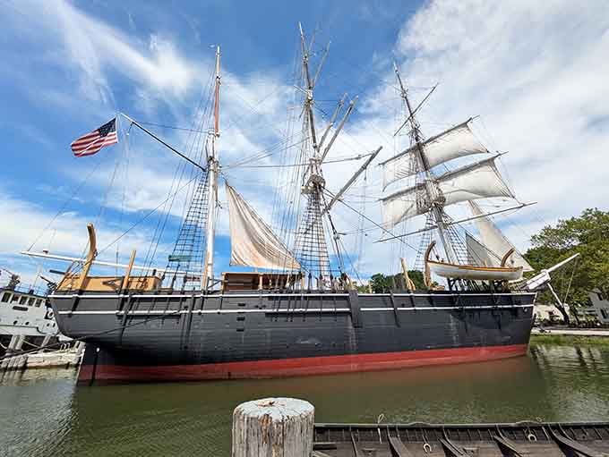 The Charles W. Morgan stands majestically with full sails unfurled, reminding us when ships were the highways of commerce.