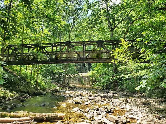 Creek crossings and dappled sunlight make the journey as rewarding as the destination itself.