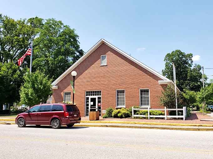 This simple brick building serves the community with quiet dignity, no flash required for functionality.