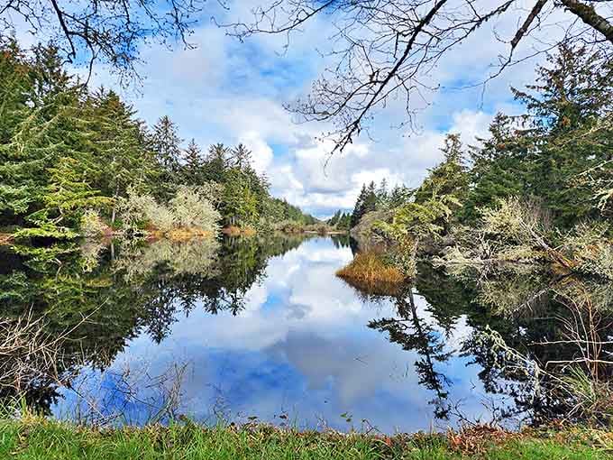 Mirror-like waters reflect the evergreen splendor surrounding Hoquiam&mdash;nature's version of a double feature showing Washington's beauty.