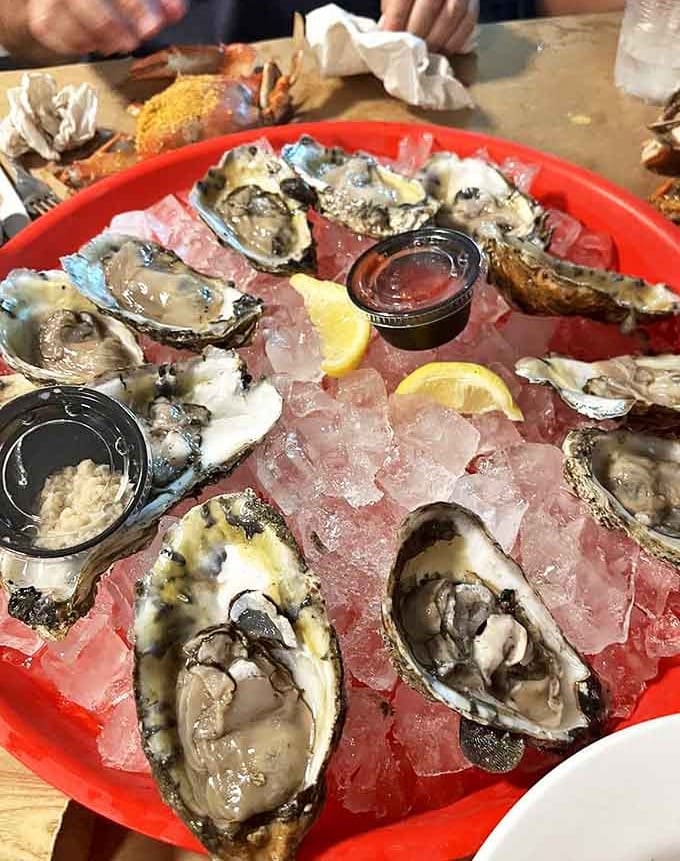 Fresh oysters on ice&mdash;briny treasures from local waters served with just enough accompaniments to enhance, not mask, their natural ocean flavor.