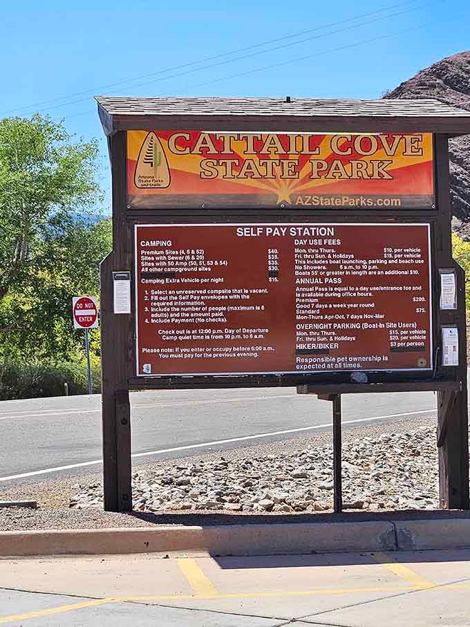 The practical side of paradise. This information board contains all the details you need for your Cattail Cove adventure.