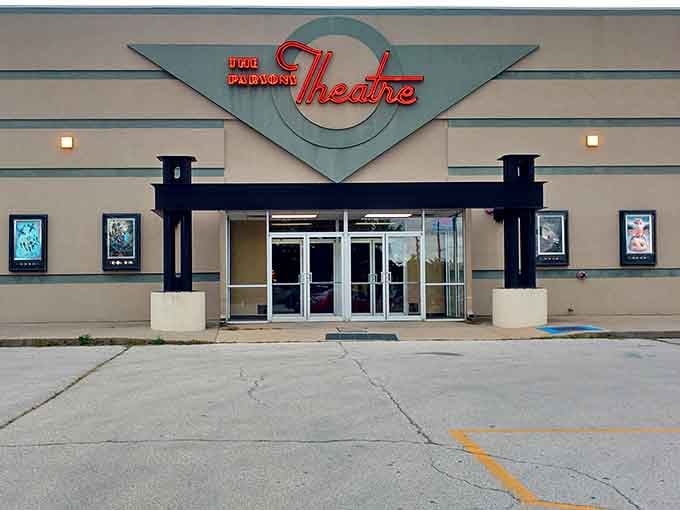 The Parsons Theatre's retro signage promises entertainment without the big-city ticket prices that require a second mortgage.