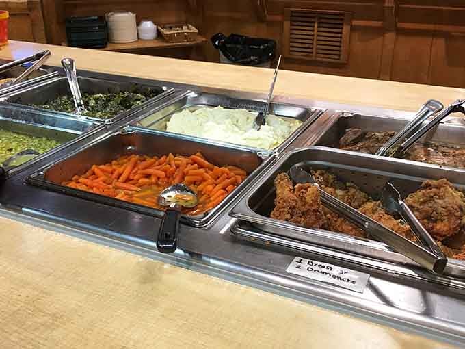 The buffet station serves up vegetables and sides that actually taste like someone's grandmother made them.