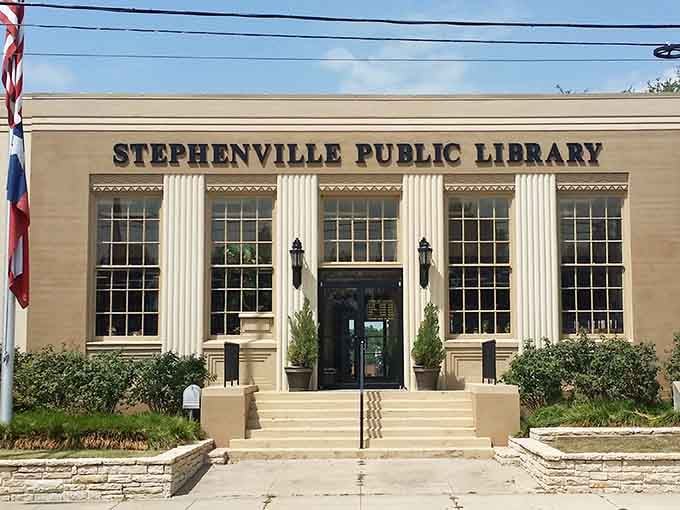 The Stephenville Public Library stands as a temple to knowledge with its classical columns, offering free entertainment that doesn't involve scrolling or monthly subscription fees.