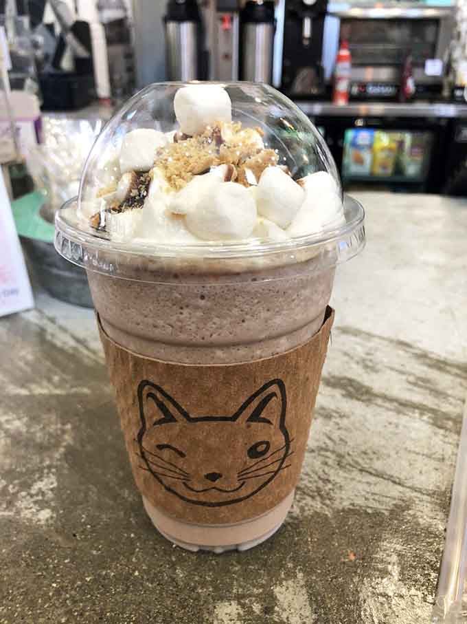 The Campfire Kitty topped with marshmallows and graham crackers &ndash; s'mores meet coffee in the best possible way.