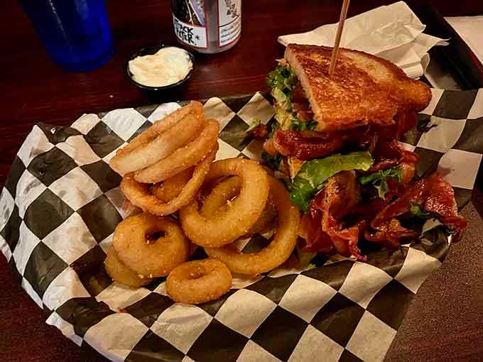 The BLT gets a promotion with those golden onion rings, because why choose between sandwich and sides?