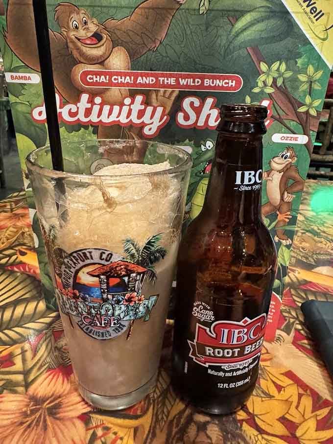 Root beer floats in souvenir glasses because taking home a memory is half the fun of dining out.