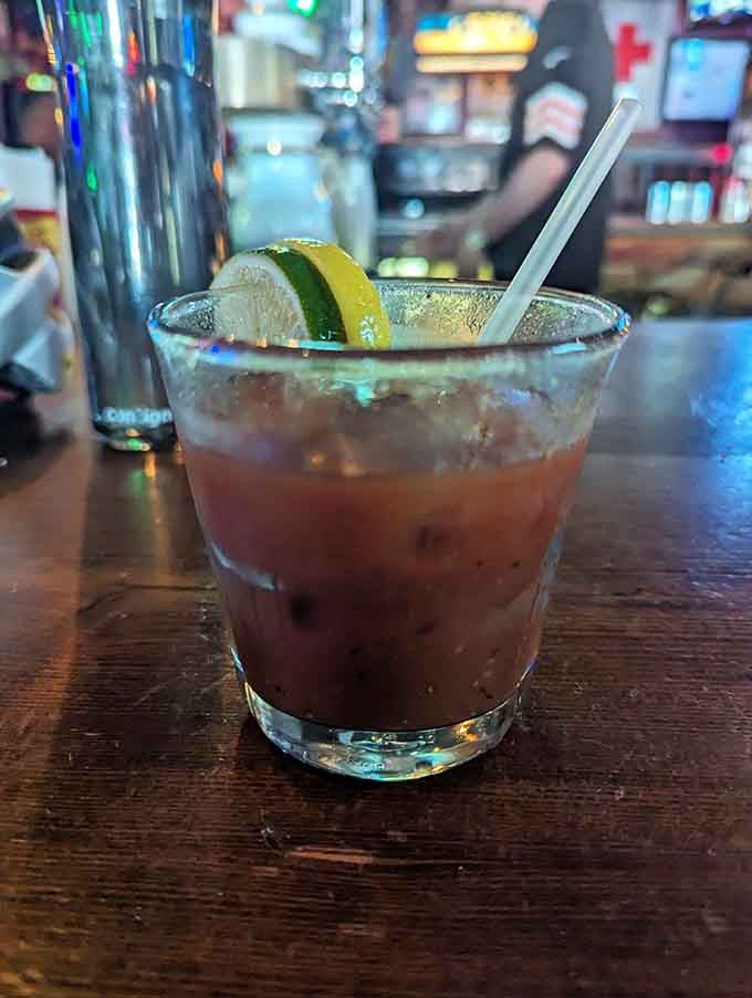 A Bloody Mary that means business, complete with enough garnish to qualify as a light lunch on its own.