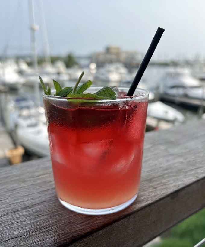 That ruby-red cocktail with the marina backdrop is basically summer vacation in a glass with a straw.