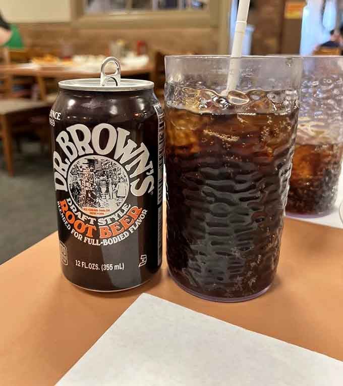 Dr. Brown's Root Beer, the official beverage of authentic delis everywhere, served ice-cold and perfectly fizzy.