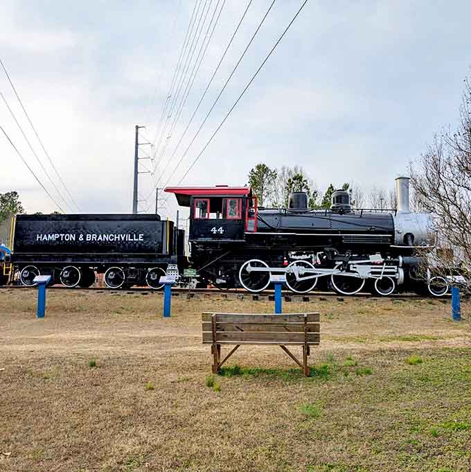 Another angle of locomotive No. 44 reveals the intricate machinery that once represented the cutting edge of American transportation technology.