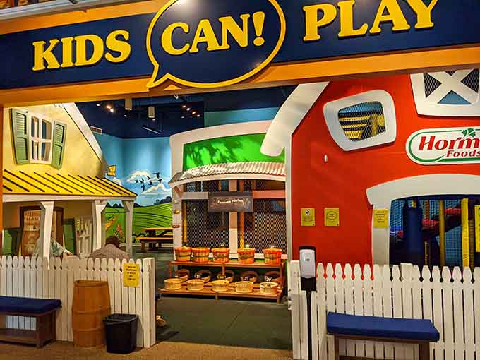 The kids' play area lets little ones run their own pretend factory, minus the actual meat processing.