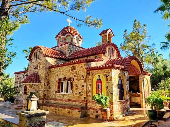 St. Anthony's Greek Orthodox Monastery appears like a Mediterranean mirage in the Arizona desert, its Byzantine domes and red-tiled roofs defying expectations.