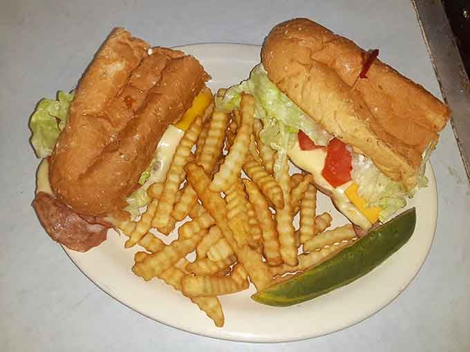 A sandwich that requires both hands and several napkins&mdash;the way proper diner food should be. That pickle means it's practically a salad.