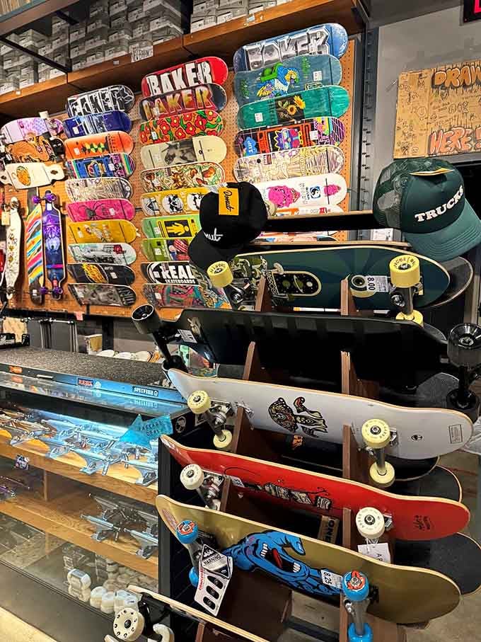 Skateboards displayed like art pieces, ready to transport rebellious spirits or just sit decoratively in your teenager's bedroom.