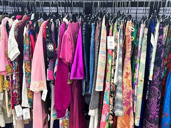Colorful vintage clothing hangs ready to give your wardrobe some serious retro personality.