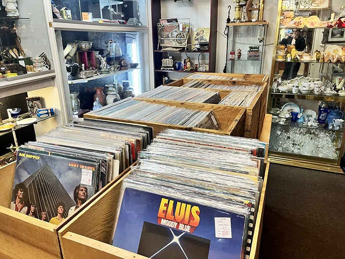 Vinyl records waiting patiently for someone to remember that music used to require actual effort to play and sounded better for it.