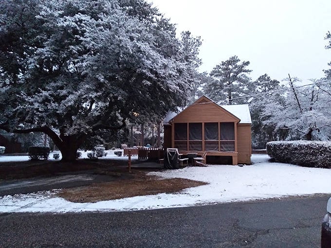Winter transforms Cheraw's cabins into snow-dusted hideaways that look like they belong on a holiday card your more outdoorsy friends would send.