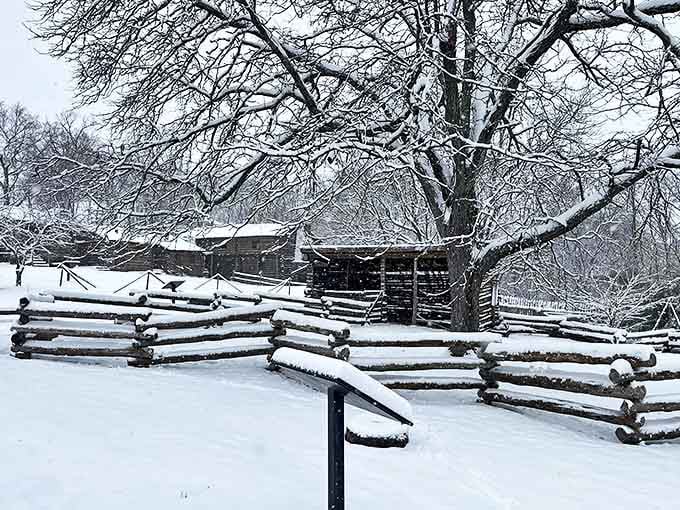 Winter transforms the fort into a snow-covered wonderland, showing why pioneers spent months preparing rather than posting "cozy vibes" on Instagram.
