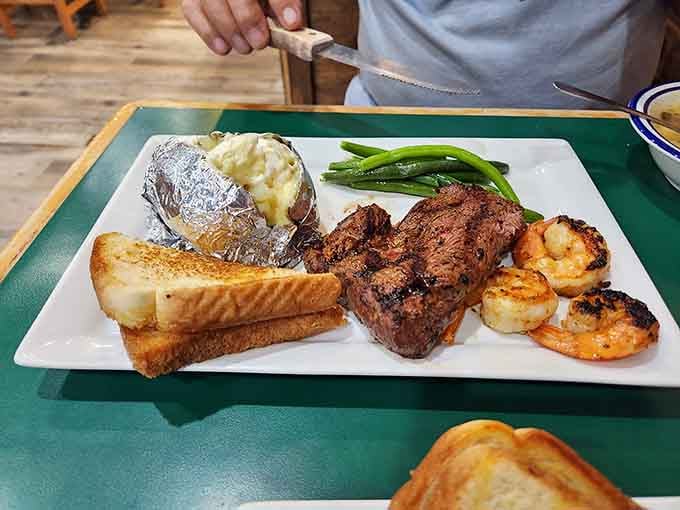 Surf meets turf in this plate of pure protein poetry. The steak and shrimp aren't just cooked&mdash;they're respected, honored, and celebrated.