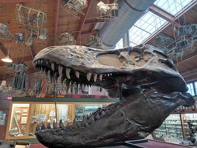 A massive dinosaur skull greeting visitors because apparently this museum said why not go full Jurassic Park with it.