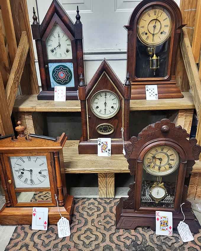 Vintage clocks that actually required winding, back when checking the time meant appreciating craftsmanship instead of glancing at your phone.