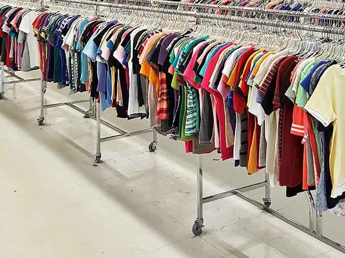 A kaleidoscope of t-shirts tells the story of vacations taken, concerts attended, and sports teams supported throughout the decades.