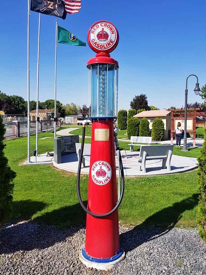 This towering vintage gas pump stands as a testament to an era when filling stations had genuine personality.