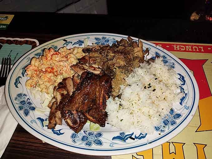 This plate of kalua pork and sides looks like Hawaii decided to throw a party on your table.