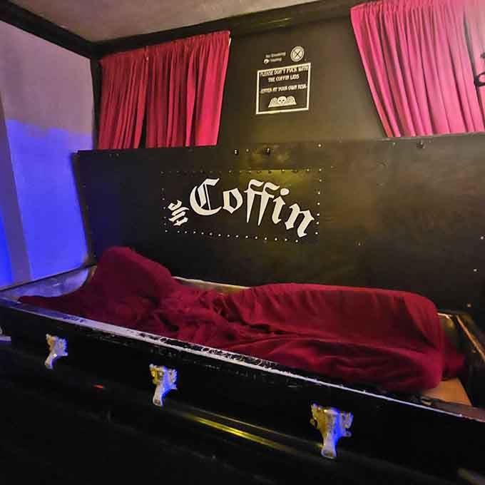 Yes, that's an actual coffin serving as decor, because subtlety has never been Portland's strong suit anyway.