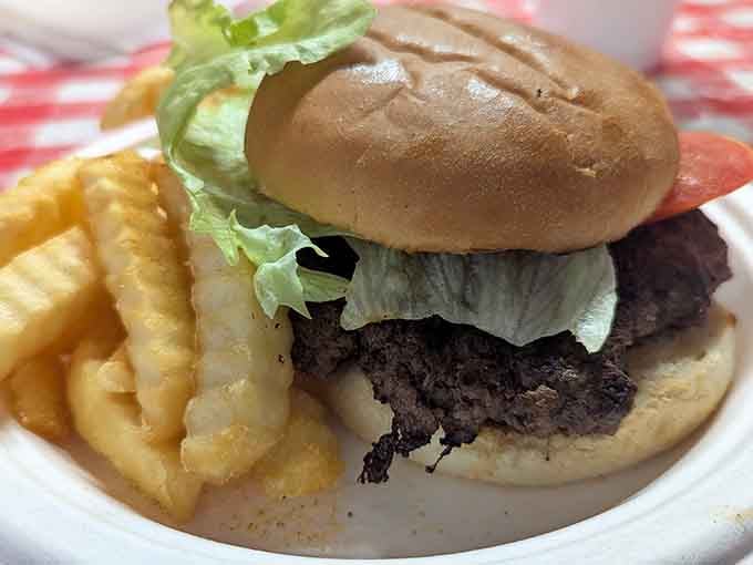 Sometimes the best burger is the simplest one, served with crispy fries on a classic checkered tablecloth.