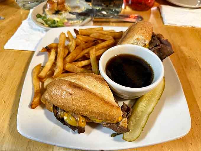 French dip sandwich loaded with meat and served with au jus, because sometimes lunch needs a ridiculous backstory too.