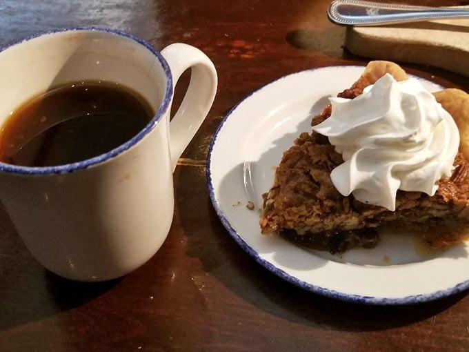 Hot coffee and pecan pie, the dynamic duo that's been solving life's problems since forever, one bite at a time.